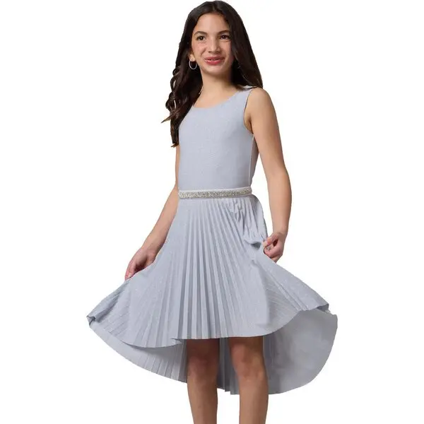 UN DEUX TROIS Glitter Pleated High Low Dress With Belt - Silver