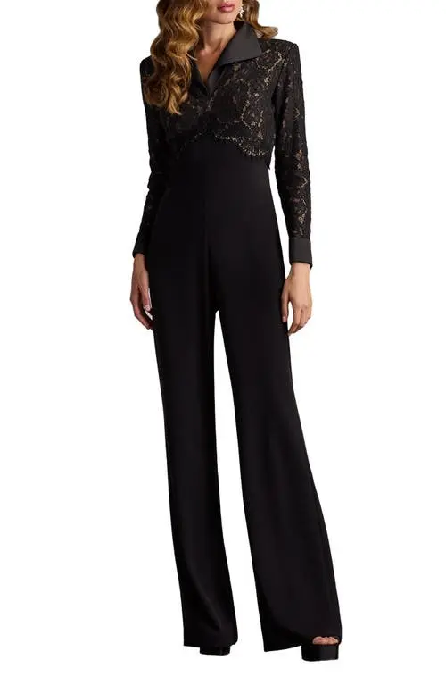 Tadashi Shoji Cotton Blend Lace & Crepe Jumpsuit - Black/nude