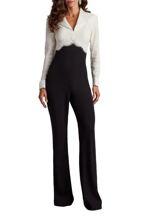 Tadashi Shoji Cotton Blend Lace & Crepe Jumpsuit - Ivory/black