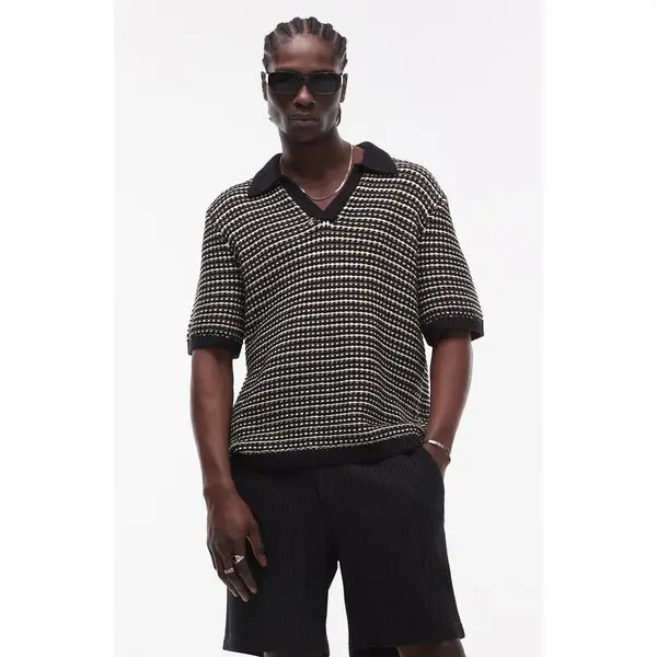 Topman Johnny Collar Textured Stripe Cotton Polo Sweater
