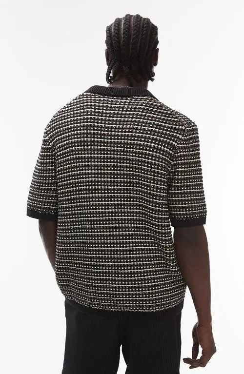 Topman Johnny Collar Textured Stripe Cotton Polo Sweater