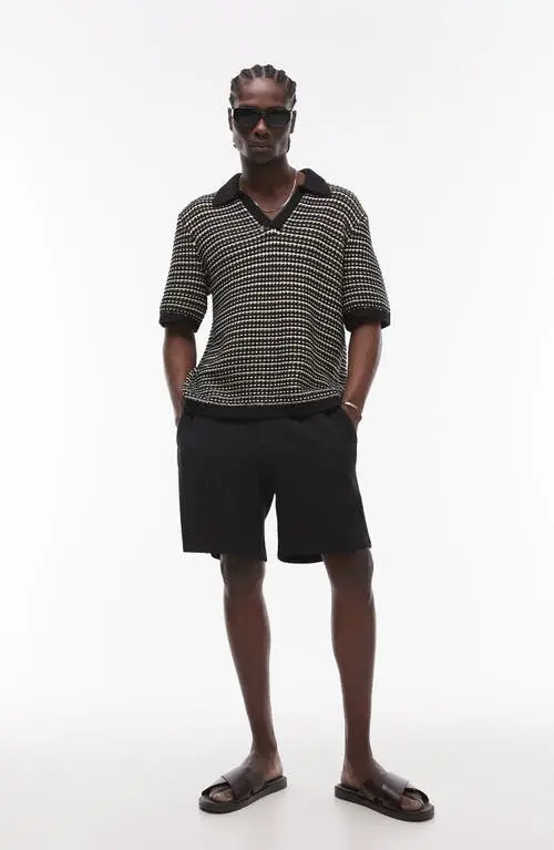 Topman Johnny Collar Textured Stripe Cotton Polo Sweater