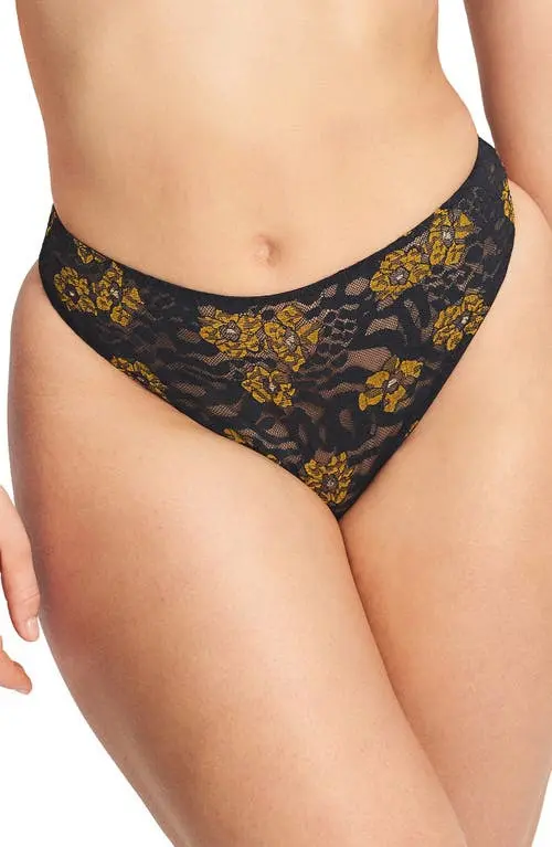 SAVAGE X FENTY Feline Floral High Rise Thong - Black Caviar