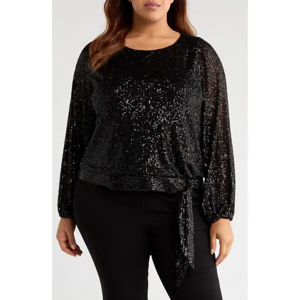 TAHARI ASL Sequin Tie Hem Top - Black