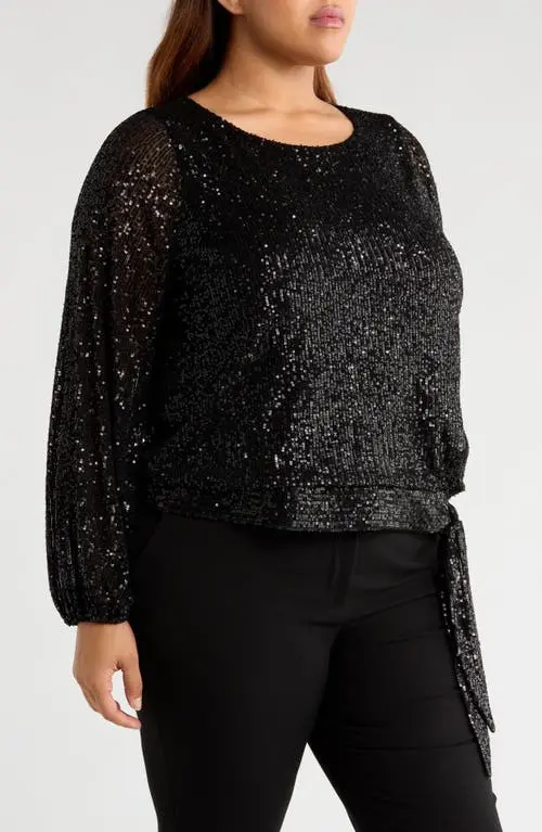 TAHARI ASL Sequin Tie Hem Top - Black