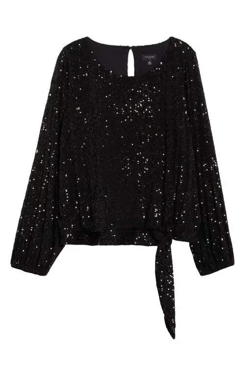 TAHARI ASL Sequin Tie Hem Top - Black