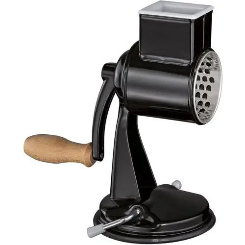 ZASSENHAUS Classic Drum Grater With Suction Base, 2 Grating Drums, Pestle - Black