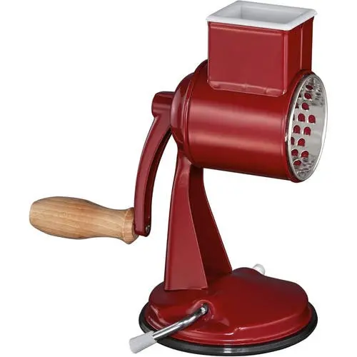 ZASSENHAUS Classic Drum Grater With Suction Base, 2 Grating Drums, Pestle - Red