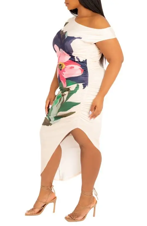 BUXOM COUTURE Floral One-shoulder Knit Dress Asymmetric Hem