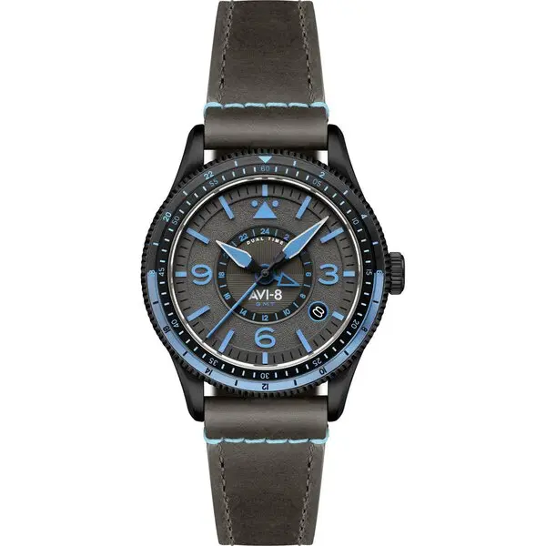 AVI-8 Flyboy Airmaster Gmt Leather Strap Watch - Grey