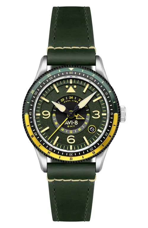 AVI-8 Flyboy Airmaster Gmt Leather Strap Watch - Green