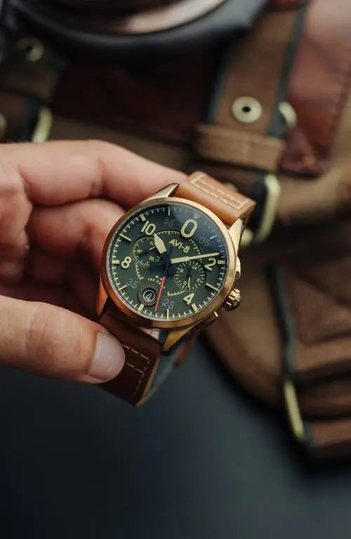 AVI-8 Spitfire Lock Dial Chronograph Leather Strap Watch - Green