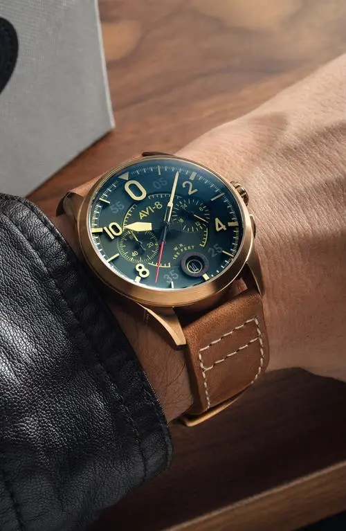 AVI-8 Spitfire Lock Dial Chronograph Leather Strap Watch - Green