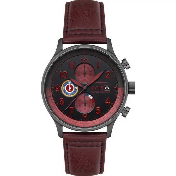 AVI-8 Hawker Hurricane Classic Chronograph Leather Strap Watch - Black/burgundy