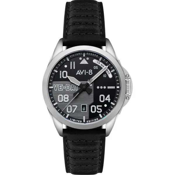 AVI-8 P-51 Mustang Patriot Automatic Ve-day 80th Anniversary Limited Edition Leather Strap Watch - Black
