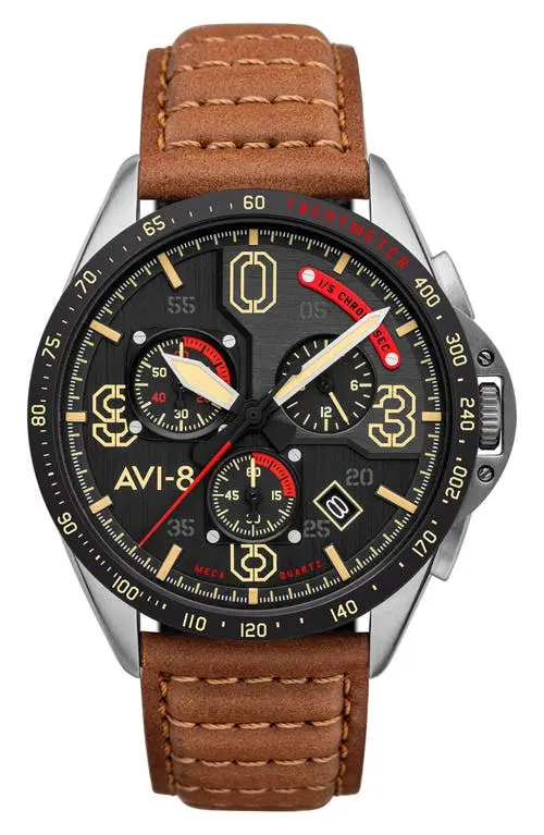 AVI-8 P-51 Mustang Blakeslee Chronograph Leather Strap Watch - Black