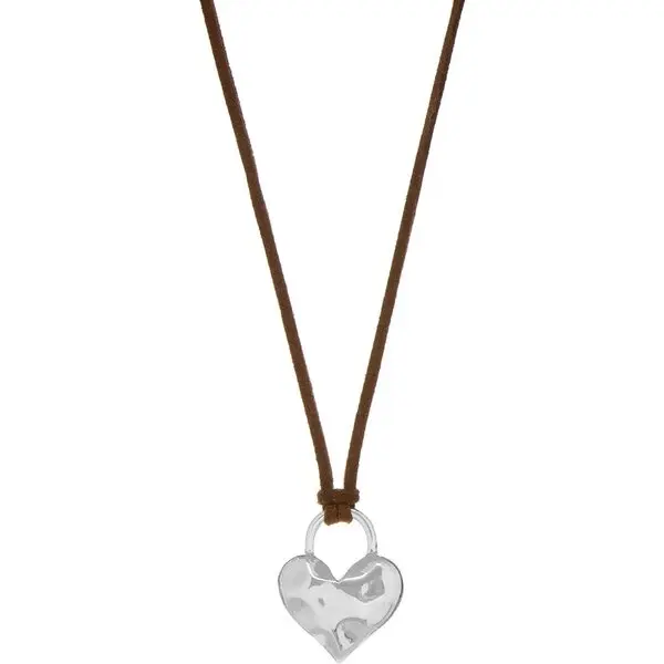 MARLYN SCHIFF Adjustable Heart Charm Suede Pendant Necklace - Silver Brown