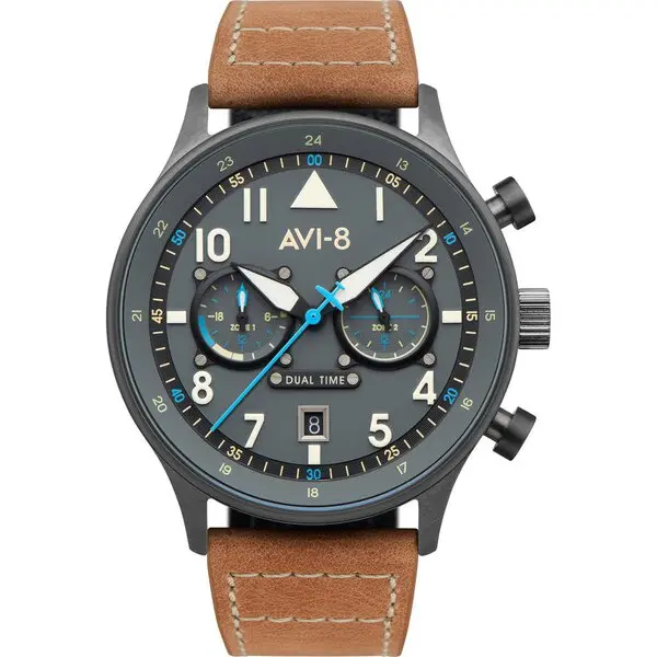 AVI-8 Hawker Hurricane Chronograph Leather Strap Watch - Grey