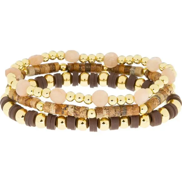 MARLYN SCHIFF Set Of 3 Beaded Stretch Bracelets - Gold Picture Jasper