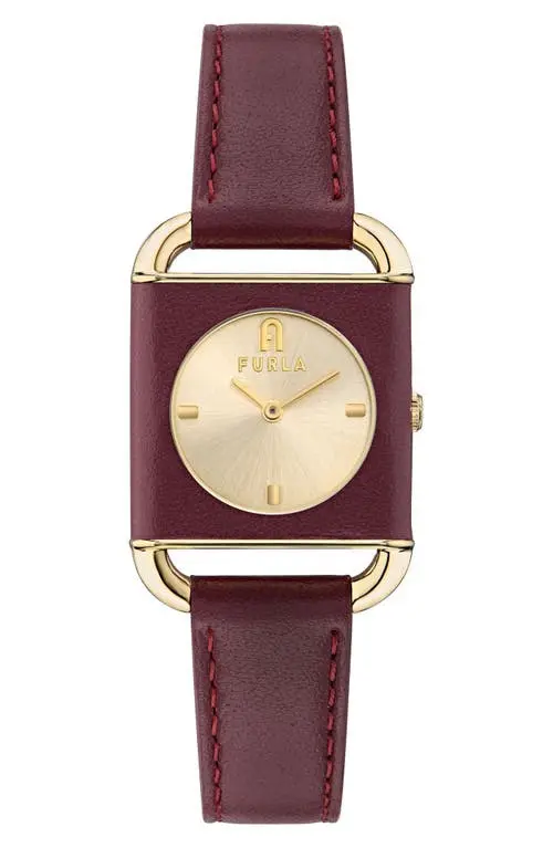 Furla Heritage Square Leather Strap Watch - Yellow Gold/burgundy