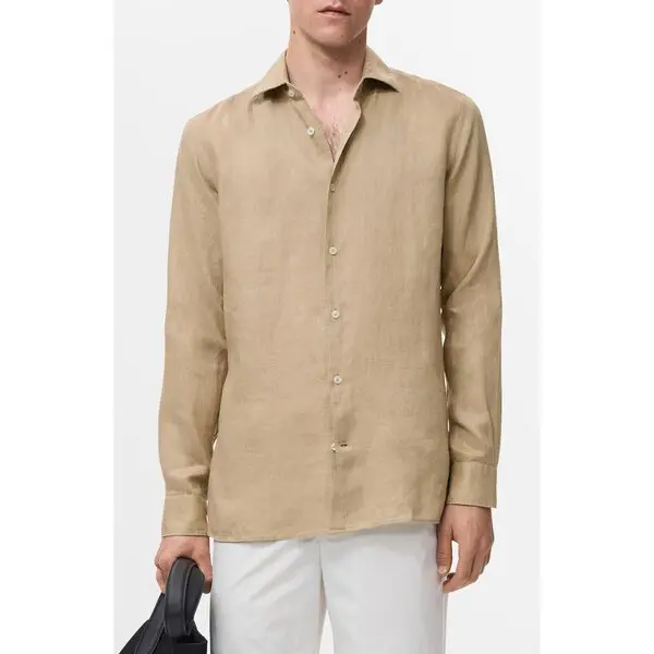 Mango Slim Fit Linen Button-up Shirt - Beige