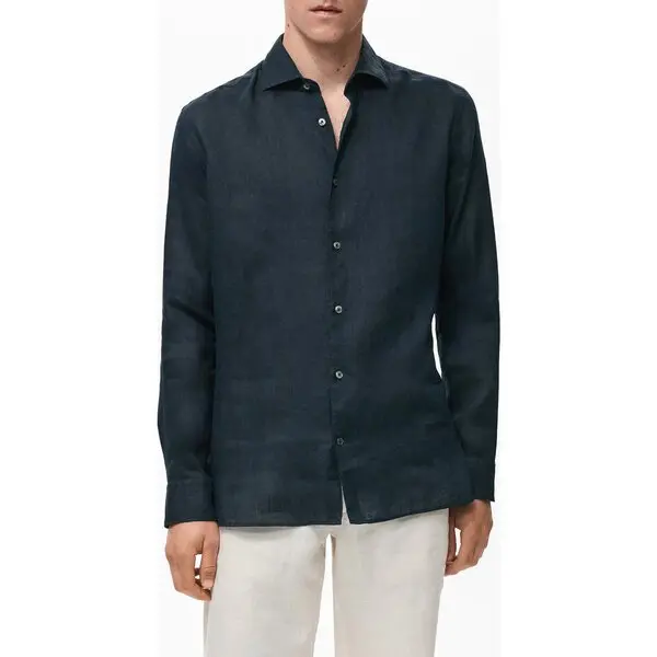 Mango Slim Fit Linen Button-up Shirt - Dark Navy