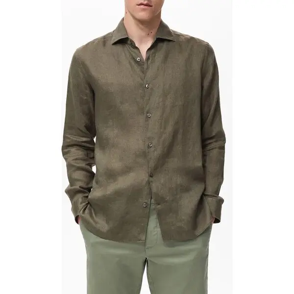 Mango Slim Fit Linen Button-up Shirt - Khaki Green