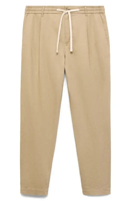 Mango Slim Fit Pleated Pants With Drawstring Waist - Beige