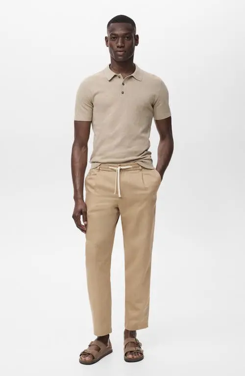 Mango Slim Fit Pleated Pants With Drawstring Waist - Beige