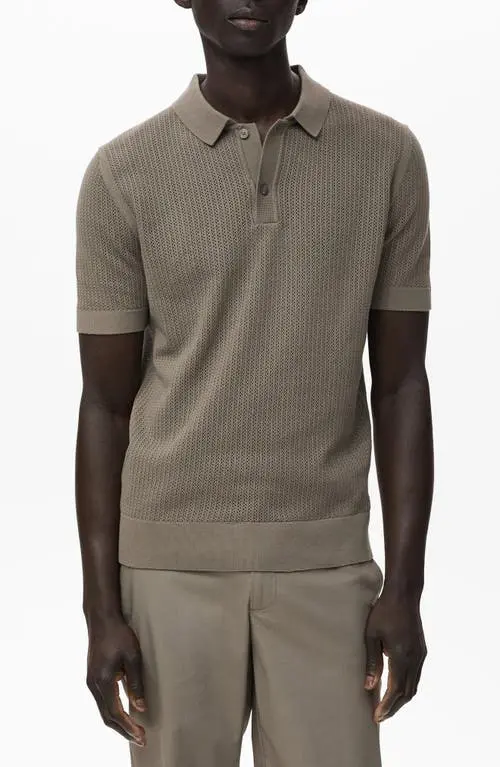 Mango Openwork Knit Cotton Polo - Dark Green