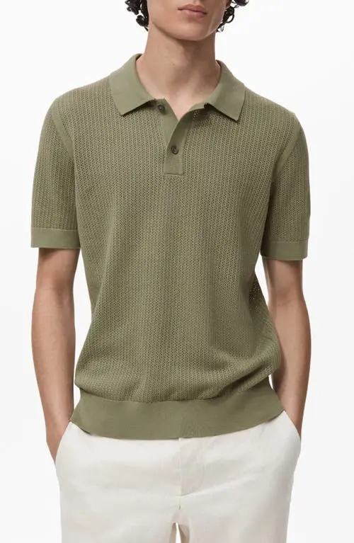 Mango Openwork Knit Cotton Polo - Green