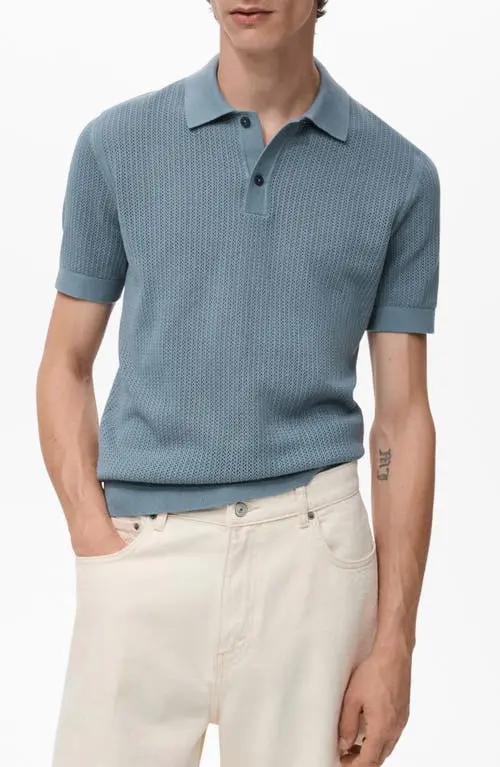 Mango Openwork Knit Cotton Polo - Indigo Blue