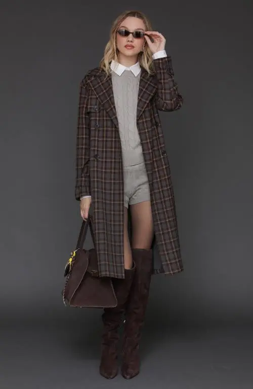Avec Les Filles Plaid Belted Trench Coat With Button Detail