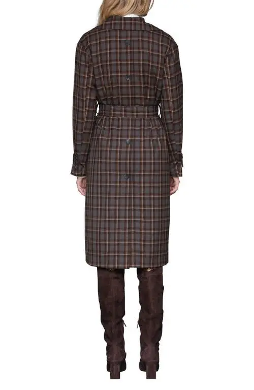 Avec Les Filles Plaid Belted Trench Coat With Button Detail