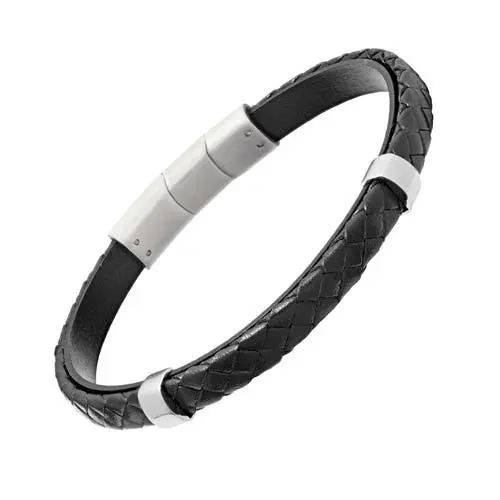LINK UP Braided Leather Bracelet With Stainless Steel Detail - Black
