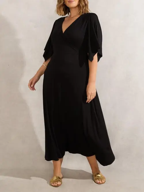 LIVE UNLIMITED Jersey Angel Sleeve Wrap Midi Dress - Black