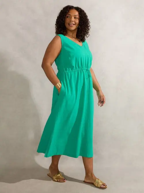 LIVE UNLIMITED Linen Blend Drawstring Midi Dress - Green
