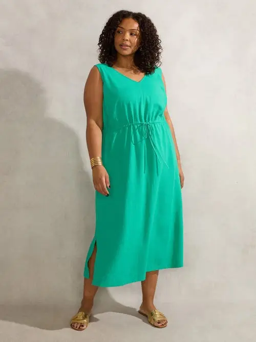 LIVE UNLIMITED Linen Blend Drawstring Midi Dress - Green