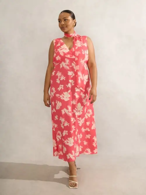 LIVE UNLIMITED Floral Midi Dress With Neck Scarf - Coral