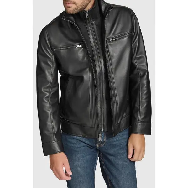 Andrew Marc Leather Moto Jacket With Bib - Black