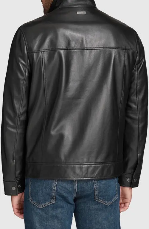 Andrew Marc Leather Moto Jacket With Bib - Black