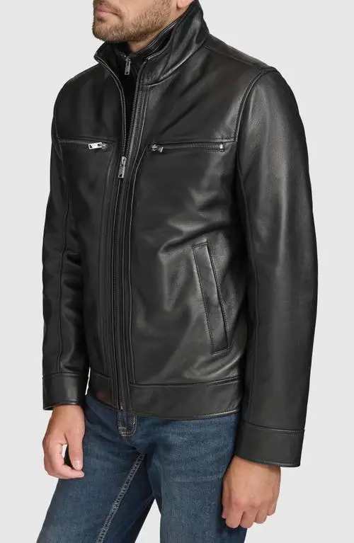 Andrew Marc Leather Moto Jacket With Bib - Black