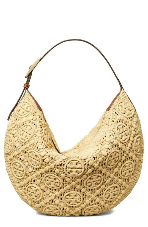 Tory Burch T-monogram Woven Raffia Shoulder Bag - Natural
