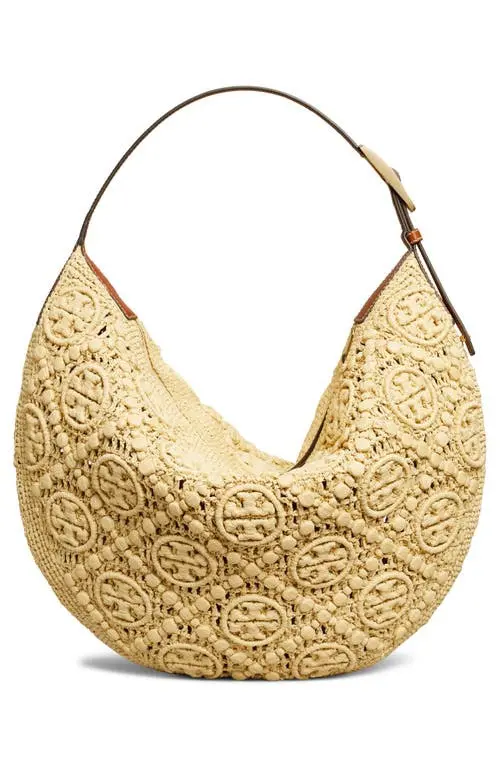 Tory Burch T-monogram Woven Raffia Shoulder Bag - Natural