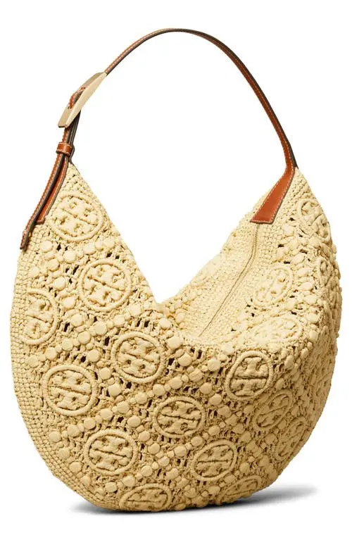 Tory Burch T-monogram Woven Raffia Shoulder Bag - Natural