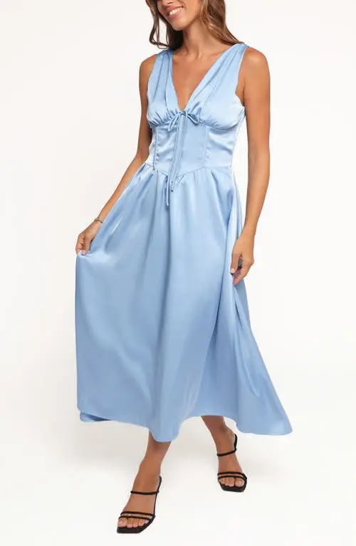 PETAL & PUP Verena Plunge Neck Satin Dress - Periwinkle Blue