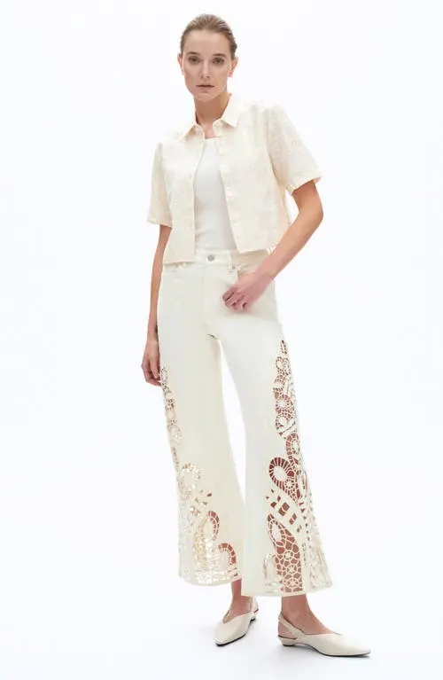 BAYEAS High-waist Embroidered Wide-leg Jeans - Beige