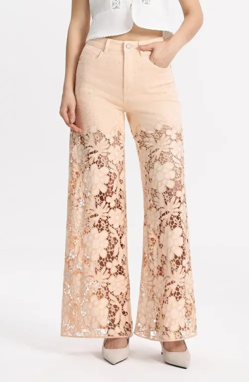 BAYEAS Crystal Embellished Lace Wide-leg Jeans - Apricot