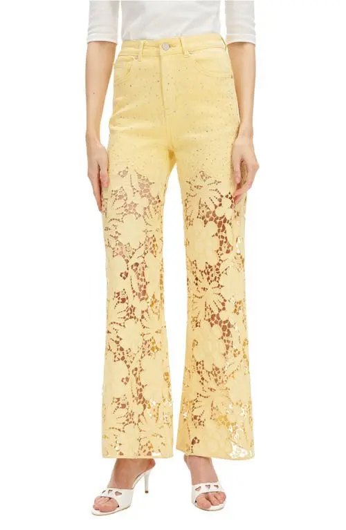 BAYEAS Crystal Embellished Lace Wide-leg Jeans - Butter Yellow