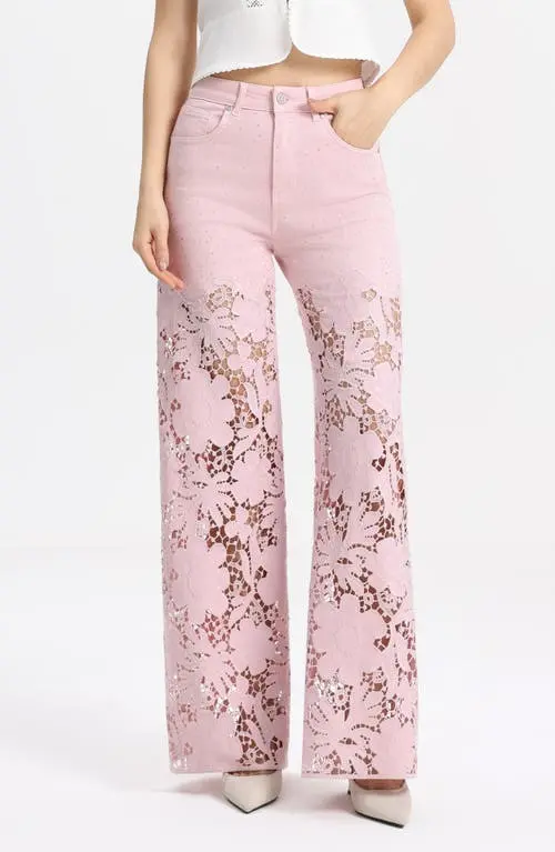 BAYEAS Crystal Embellished Lace Wide-leg Jeans - Lavender Pink